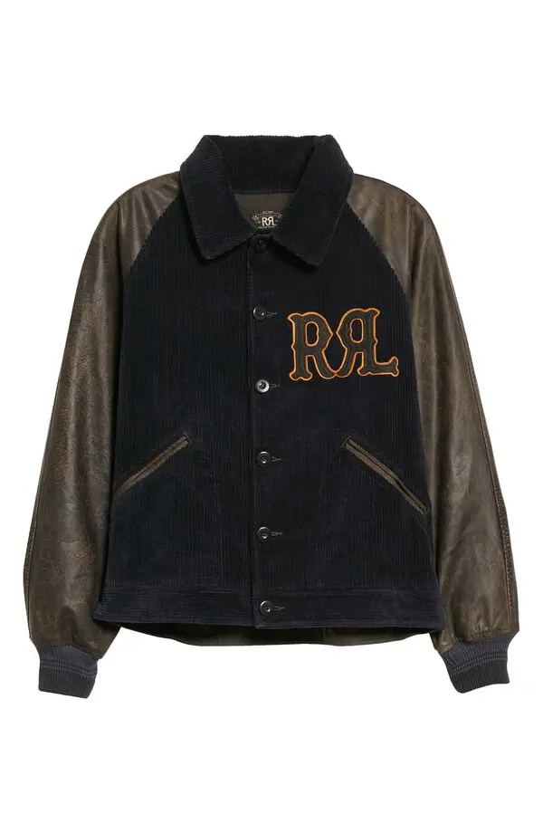 Double Rl Logo Leather Sleeve Corduroy Varsity Jacket In Black